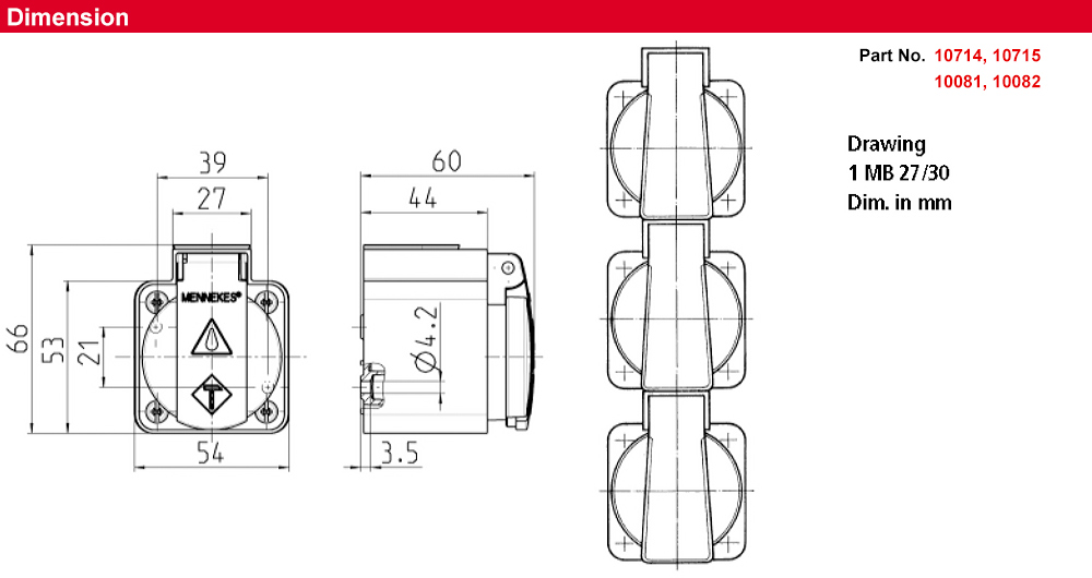 Đế ổ cắm gắn nổi Mennekes 10714 (3P, 16A, IP44)